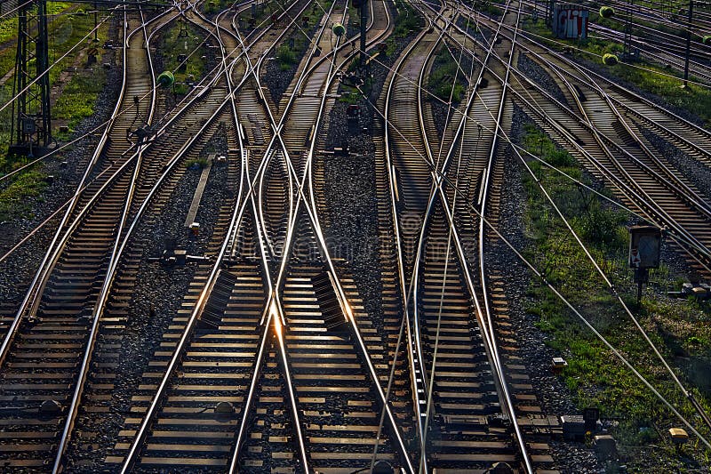 Many Railroad Tracks with Interchanges and Electric Cables Stock Image ...