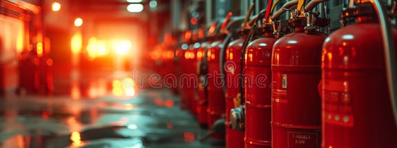 Many Red Fire Extinguishers on the Shelf Stock Image - Image of ...
