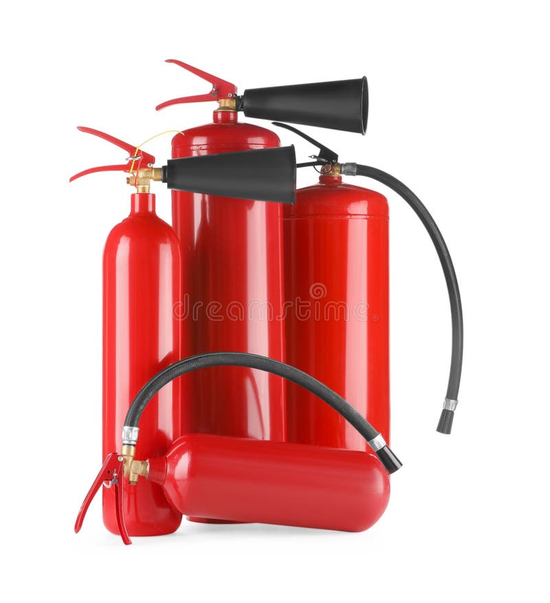 Many Red Fire Extinguishers on White Background Stock Photo - Image of ...