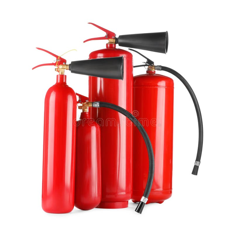 Many Red Fire Extinguishers on White Background Stock Image - Image of ...