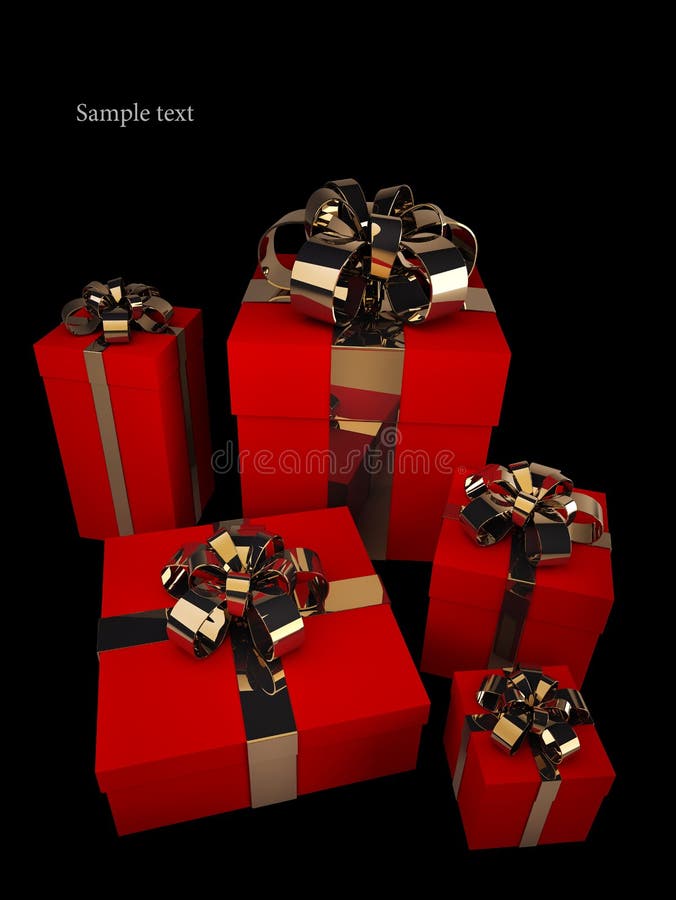Many Red Gift Boxes with Gold Ribbon and Bow Stock Illustration ...