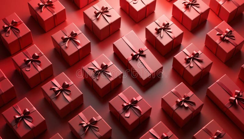 Many Red Gift Boxes with Red Ribbons, Bows on Red Background. Full ...