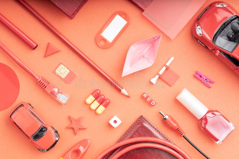 Many Red Objects Lying on a Beautiful Surface Top View Still Life Stock ...