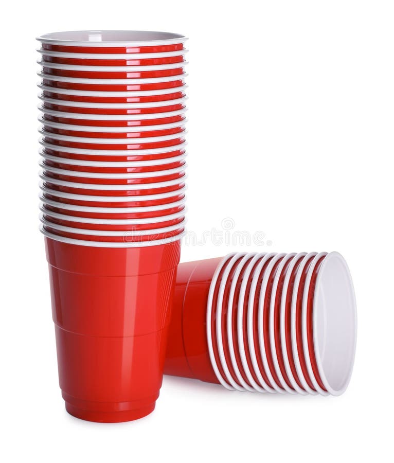 Many Red Plastic Cups on White Background Stock Image - Image of ...