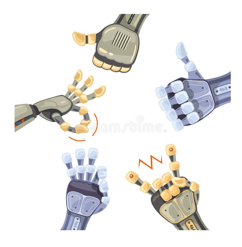 Many Robot Hand Gestures. Robotic Hands. Mechanical Technology Machine ...