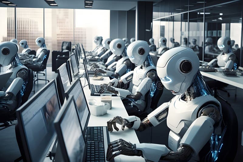 Many Robots Working with Computers in an Office Stock Illustration ...