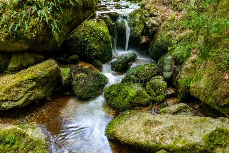 Many Rocks with Moss and a Flowing Brook with a Little Waterfall Stock ...