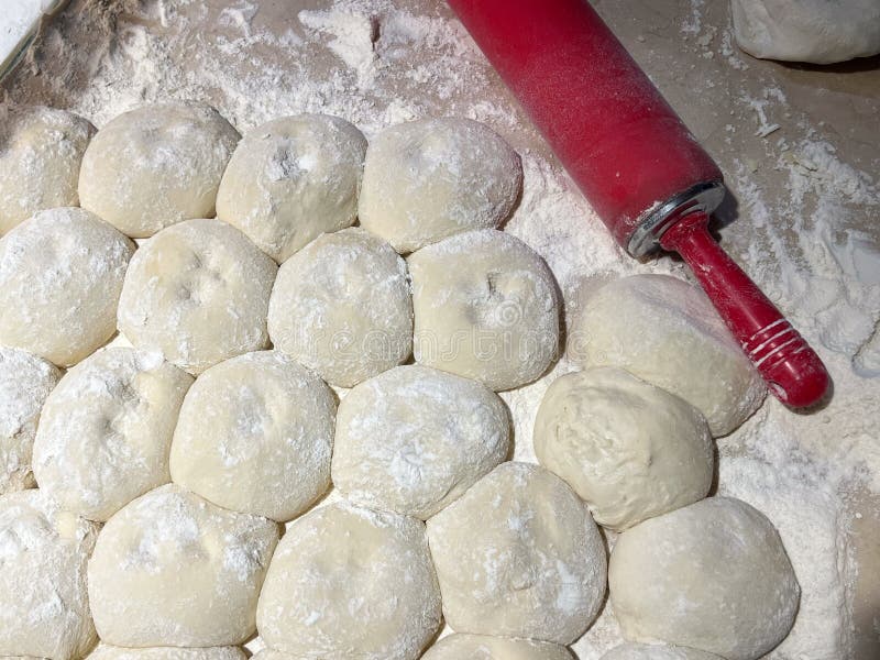 Many Rolled Bread Dough on Bakery Kitchen Countertop Stock Photo ...
