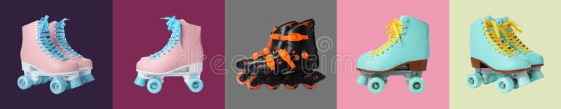 Many Roller Skates on Different Color Backgrounds. Banner Design Stock ...