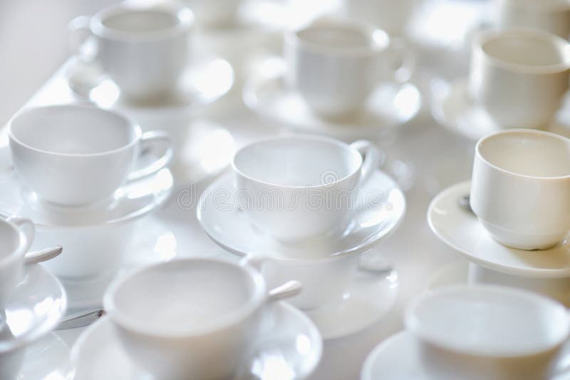 Many Rows of Pure White Cups and Saucers Stock Photo - Image of ...