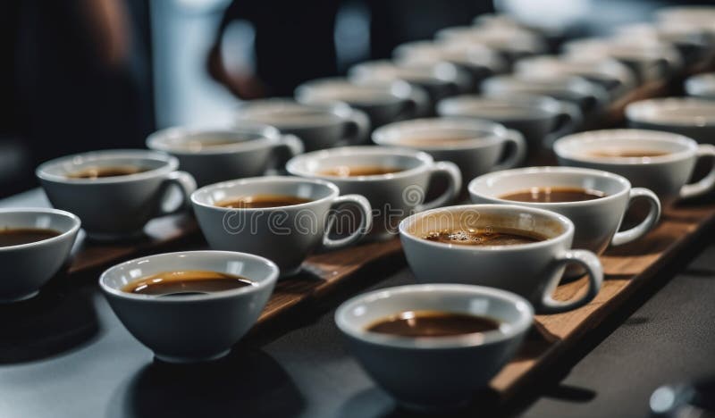 Many Rows of White Cups with Coffee in a Buffet or Workshop. Coffee ...