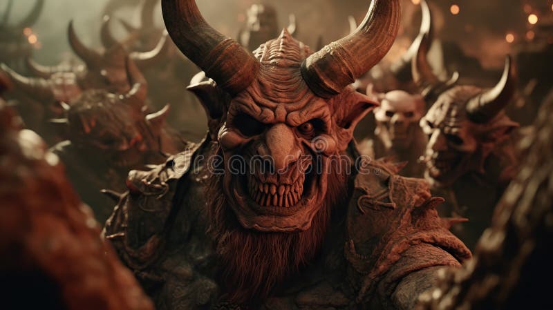 Many Scary Horned Demons Meet Sinners in Hell. Portrait of Devils in ...