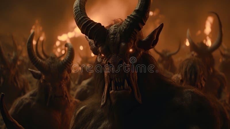 Many Scary Horned Demons Meet Sinners in Hell. Portrait of Devils in ...