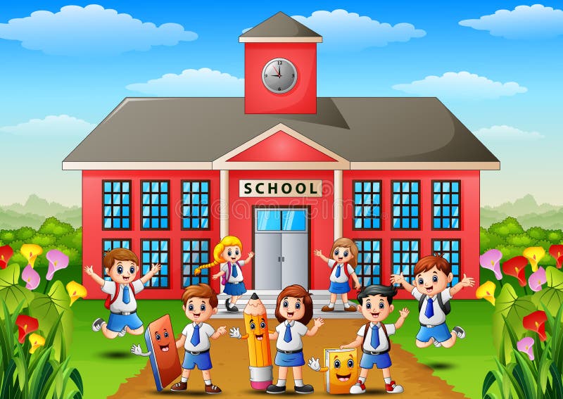 Many School Children in Front of School Building Stock Vector ...