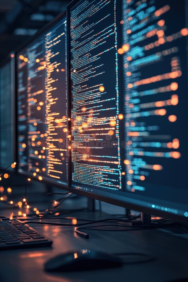 Many Screens Show Programming Data. Orange Dots Glow Softly Stock Image ...