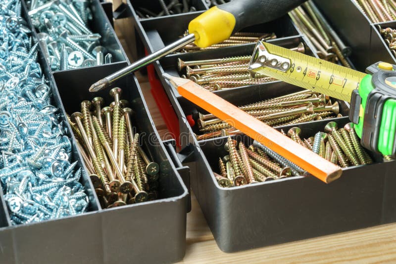 Many Screws in Plastic Organizer Box, Work Tools Stock Image - Image of ...