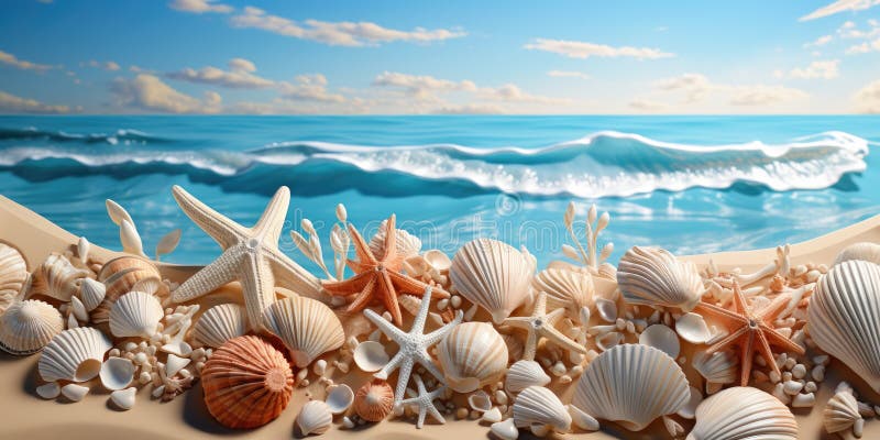 Many Sea Shells, Starfish and Waves on the Beach. Stock Image - Image ...