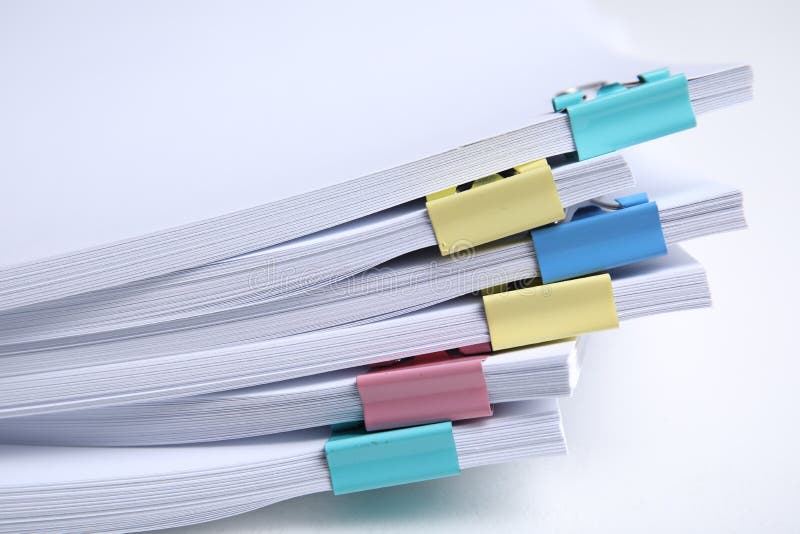 Many Sheets of Paper with Colorful Clips on White Background, Closeup ...