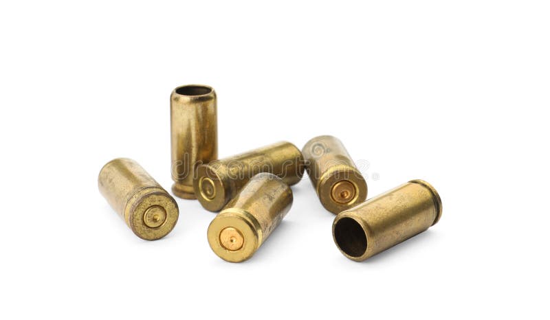 Many Bullets Falling on White Background. Firearm Ammunition Stock ...