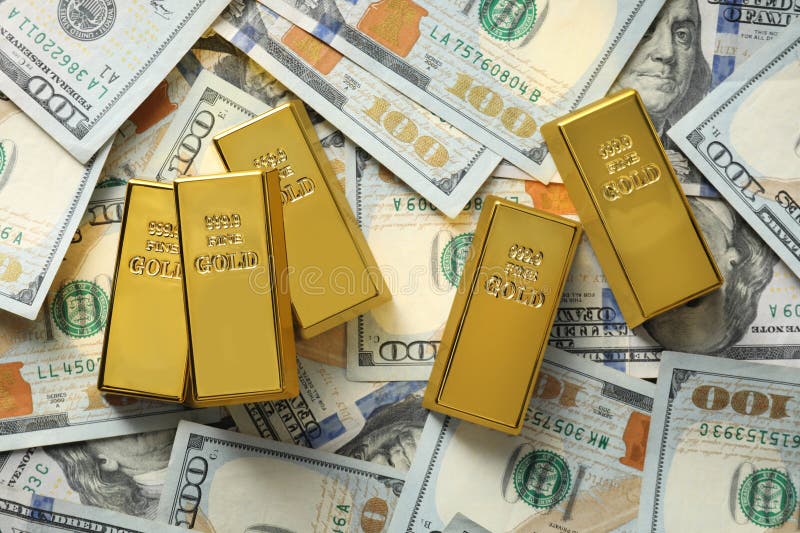 Many Shiny Gold Bars on Dollar Banknotes, Flat Lay Stock Image - Image ...