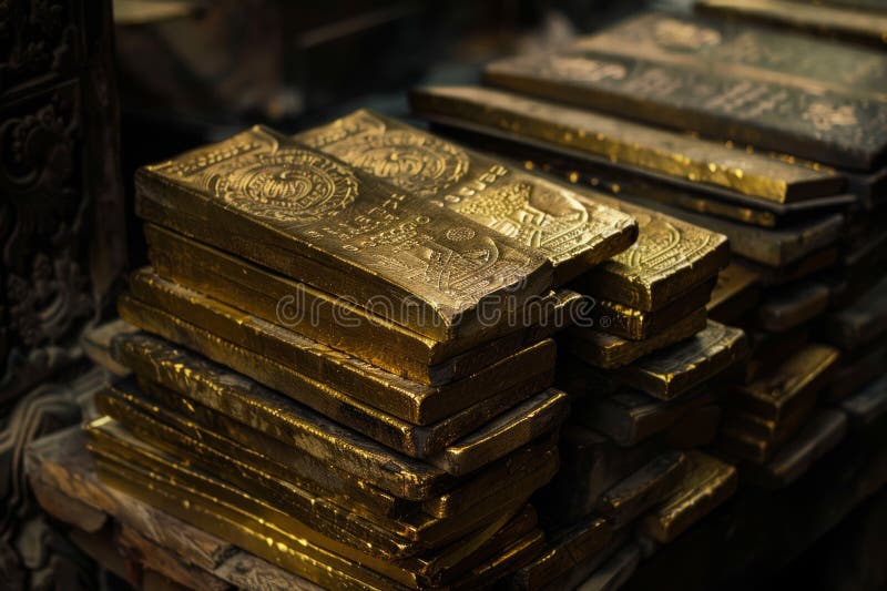 Many Shiny Natural Gold Bars in Dark Bank Safe Space. Neural Network Ai ...