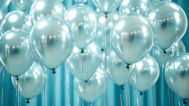 Many Shiny Silver Balloons Against a Light Blue Background Stock ...