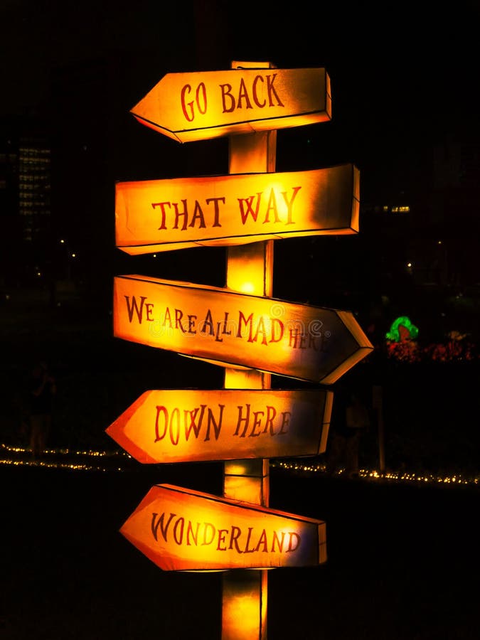 Many Signs in Wonderland at Night Stock Photo - Image of snow, sign ...