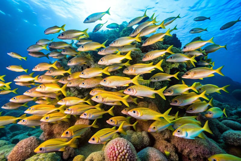 Many Small Fish Swimming Around Reef Rock Stock Illustration ...