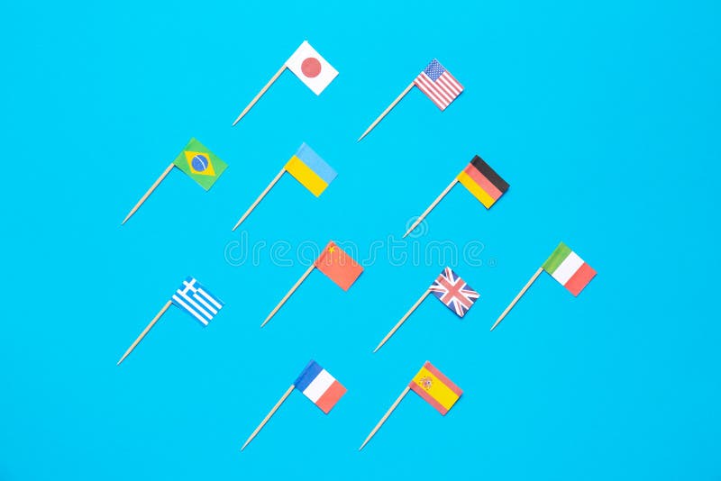 Small Paper Flags Different Countries Light Blue Background Stock ...