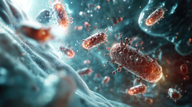 Many Small Virus Cells Spread Around. Microscopic Bacteria Move in an ...