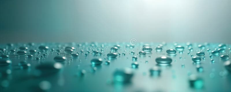 Many Small Water Drops are on Flat Surface. Surface is Light Teal Color ...