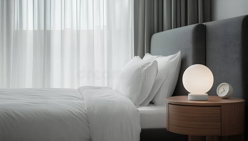 Many Soft Pillows on Bed and Bedside Table at Home Stock Image - Image ...