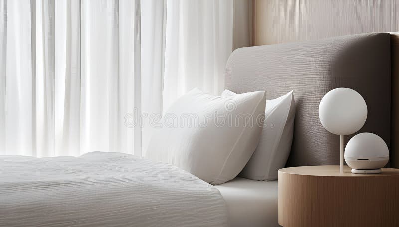 Many Soft Pillows on Bed and Bedside Table at Home Stock Image - Image ...