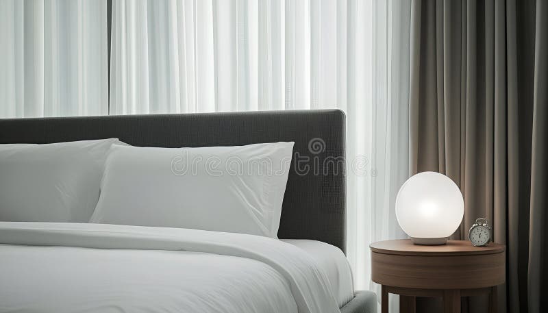 Many Soft Pillows on Bed and Bedside Table at Home Stock Image - Image ...