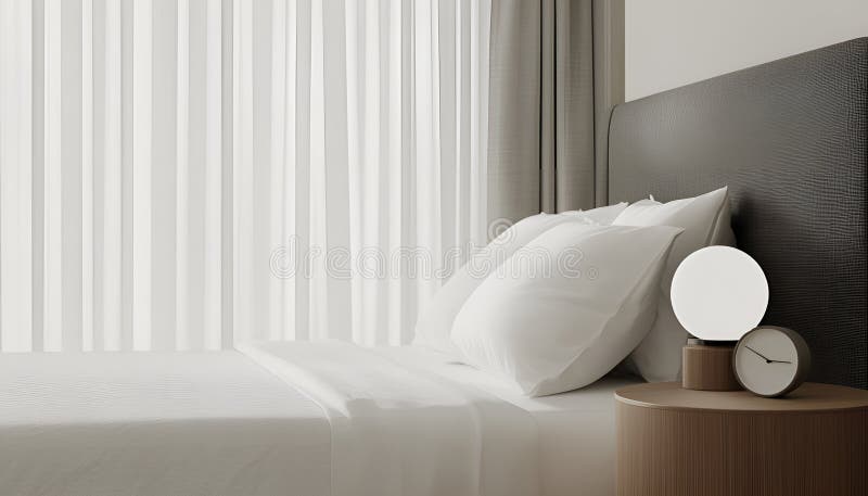 Many Soft Pillows on Bed and Bedside Table at Home Stock Photo - Image ...