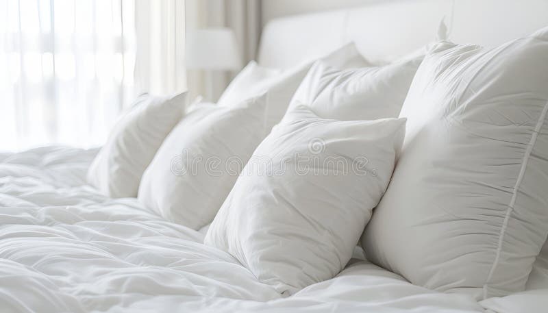 Many Soft Pillows on Bed at Home Stock Image - Image of contemporary ...