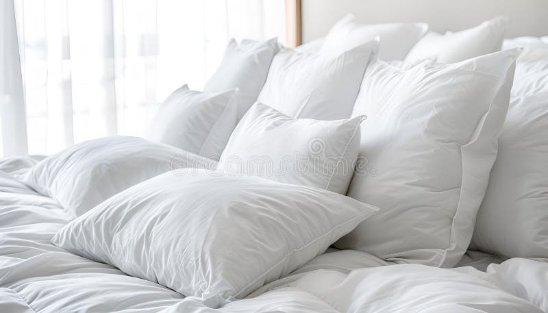 Many Soft Pillows on Bed at Home Stock Photo - Image of cotton, bedding ...