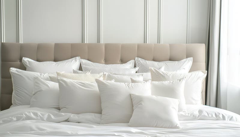 Many Soft Pillows on Bed at Home Stock Image - Image of material, house ...