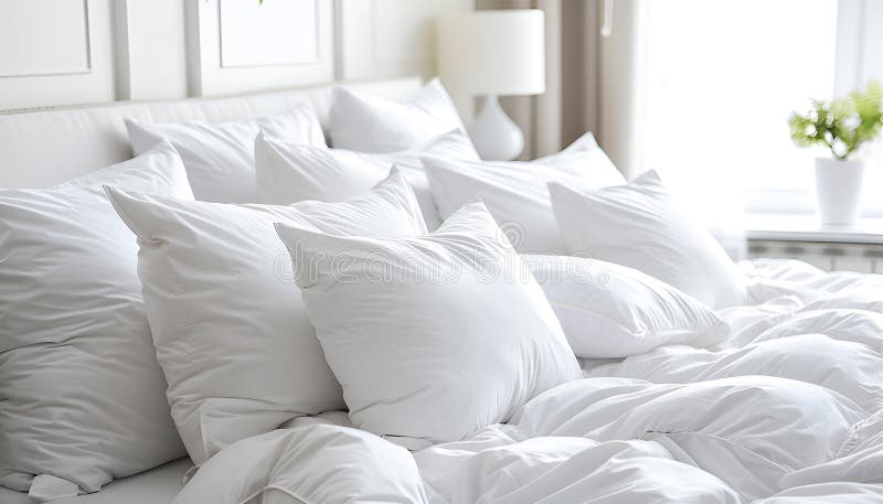Many Soft Pillows on Bed at Home Stock Image - Image of apartment ...