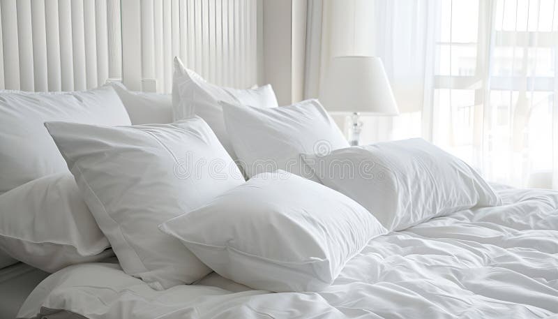Many Soft Pillows on Bed at Home Stock Image - Image of closeup ...