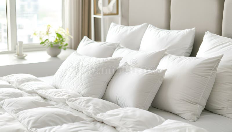 Many Soft Pillows on Bed at Home Stock Photo - Image of shape, room ...