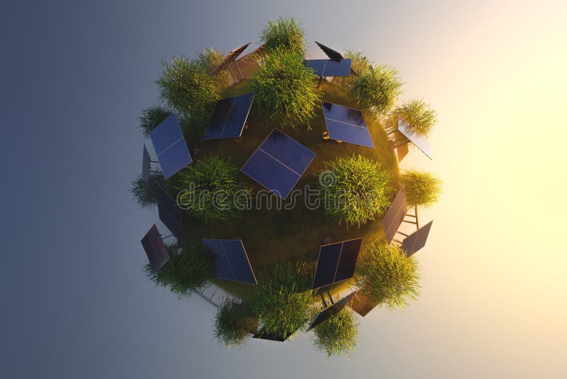 Many Solar Panels in the Fog on a Green Sphere with Grass and Trees ...