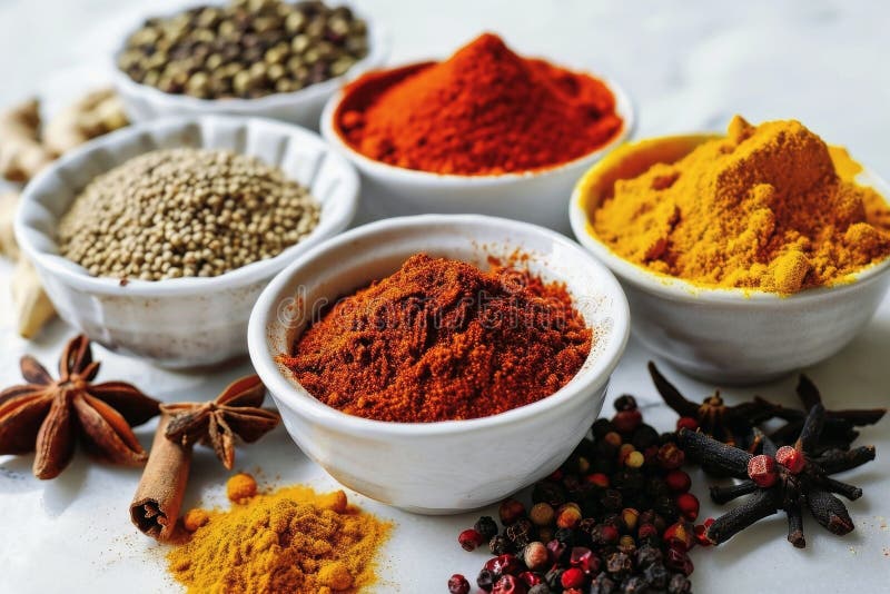 Many Spices in Porcelain Bowls on a White Background Stock Illustration ...