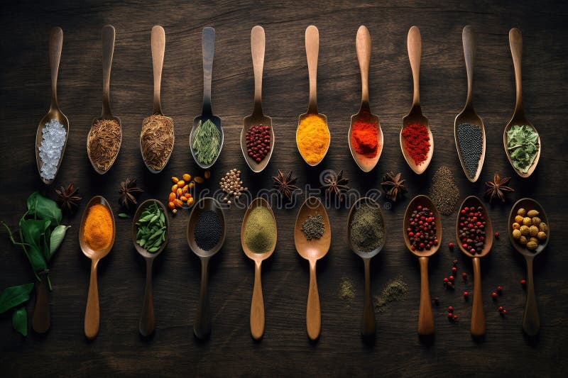 Many Spoons with Different Spices on a Wooden Table Seen from Above ...