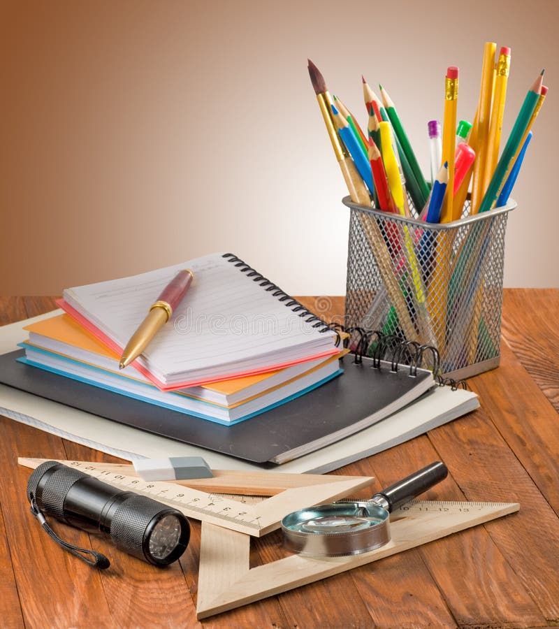 Many Stationer on Wooden Table Close-up Stock Photo - Image of list ...
