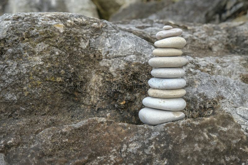 Many Stone Stacks on Pebble Beach Stock Photo - Image of royalty ...