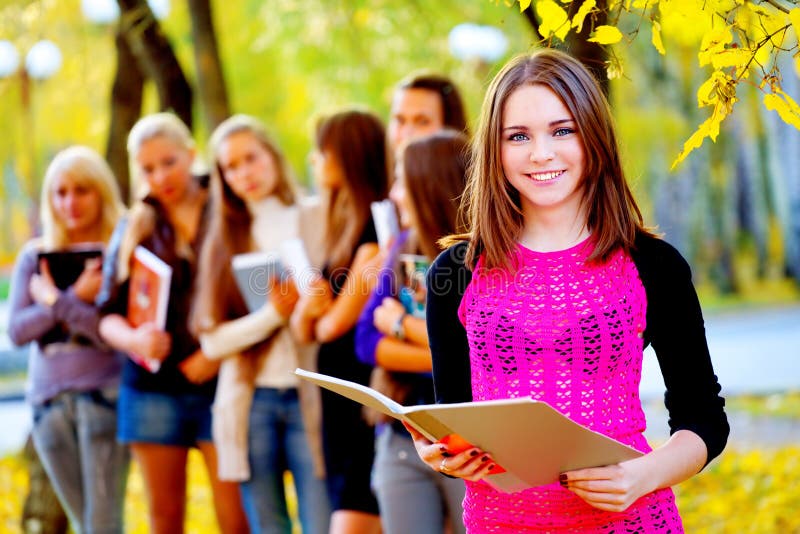 Many Students in the Autumn Park Stock Image - Image of happy, woman ...