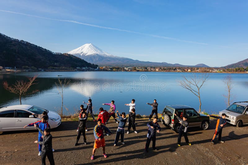 Many Students Doing Exercise Infront of the Mt. Fuji Editorial Stock ...