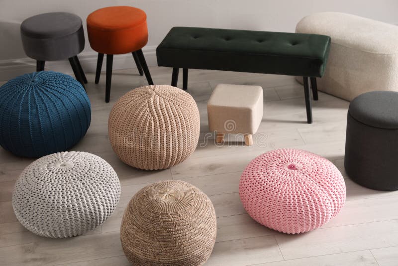 Many Stylish Different Poufs and Bench Indoors. Home Design Stock Image ...