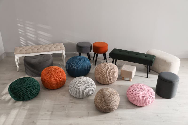 Many Stylish Different Poufs and Benches Indoors. Home Design Stock ...